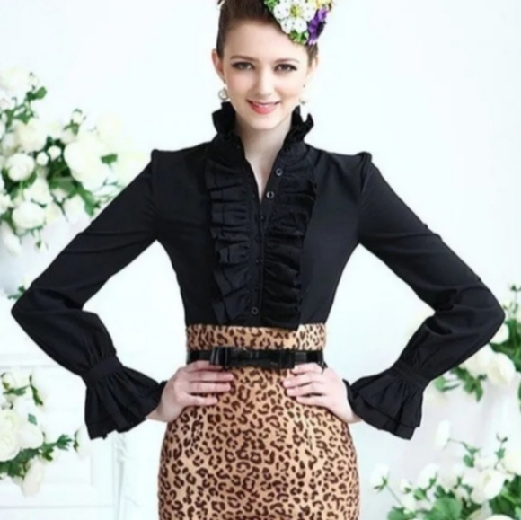 Tops | Ls Deep V Neck Victorian Button Ruffled Front Closure Blouse ...